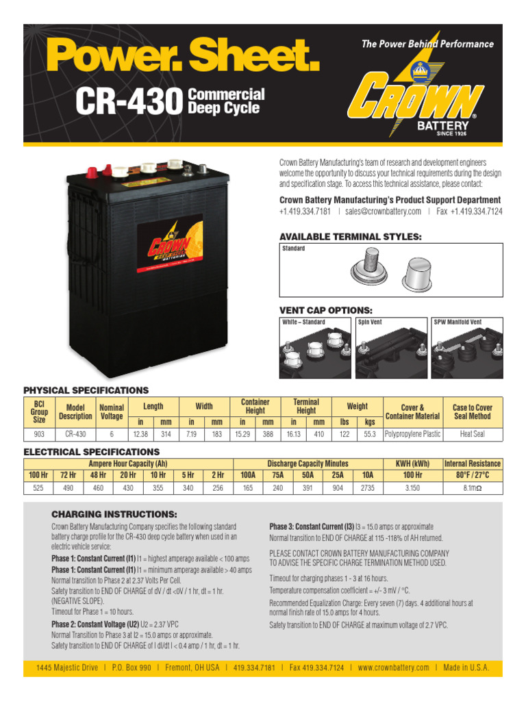Crown CR430 Flooded Battery Specs | PDF | Electric Current ...