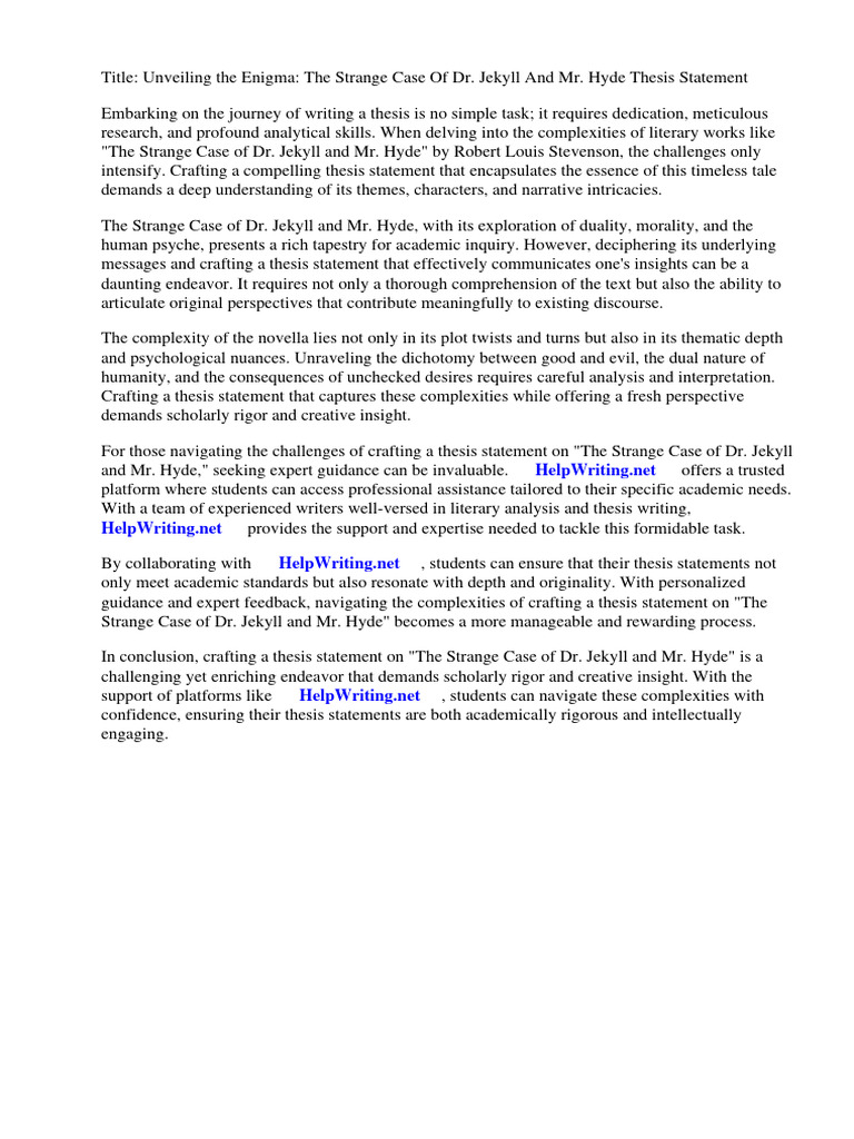 The Strange Case of Dr. Jekyll and Mr. Hyde Thesis Statement | PDF ...