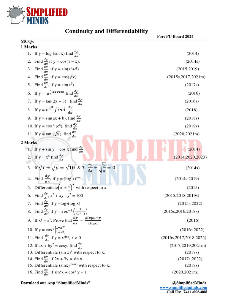 5.continuity and Differentiability 2ndPUC PYQs | PDF | Teaching Methods & Materials | Science ...