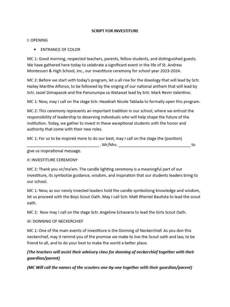 Script For Investiture | Download Free PDF | Youth Movements | Scouting