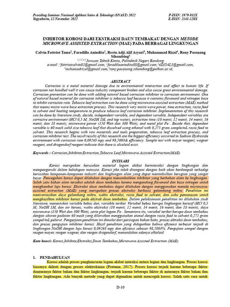 INHIBTOR KOROSI DARI EKSTRAKSI DAUN TEMBAKAU DENGAN METODE-jurnal by Calvin | PDF | Corrosion ...
