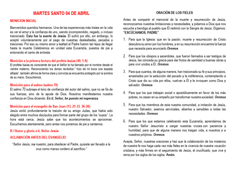 Moniciones de Martes Santo PNSL | PDF | Misa (liturgia) | Jesús Moniciones de Martes Santo PNSL | PDF | Misa (liturgia) | Jesús