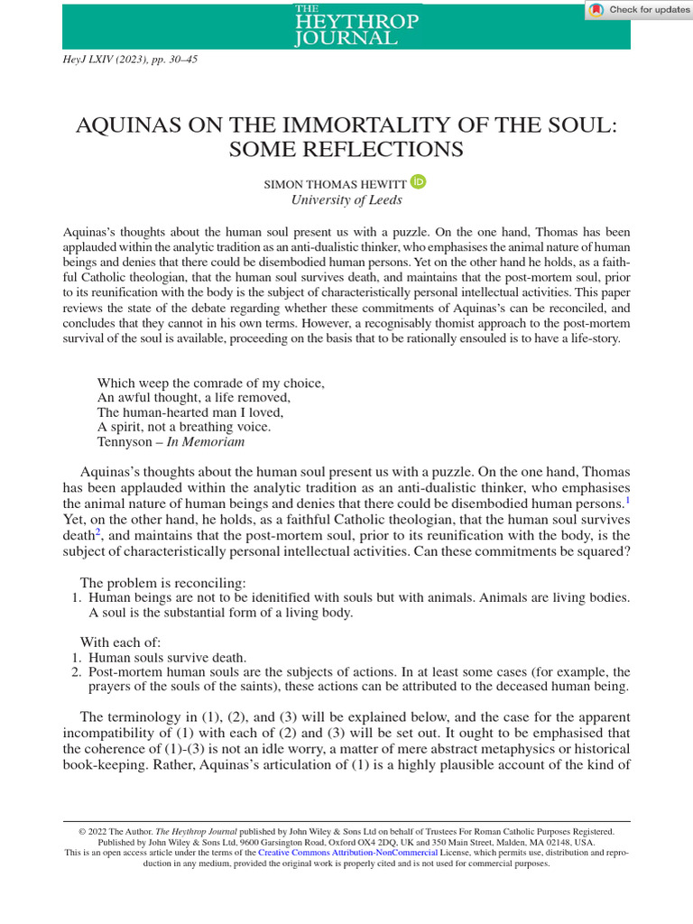 The Heythrop Journal - 2022 - Hewitt - Aquinas On The Immortality of ...