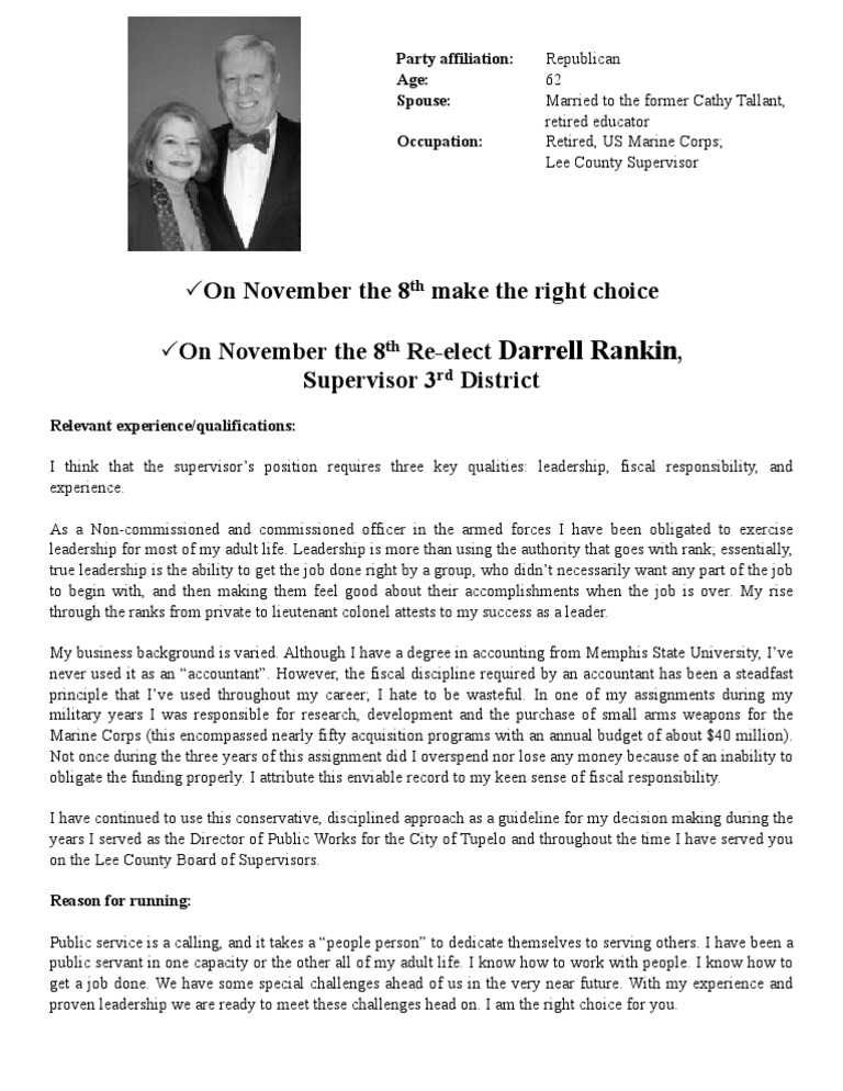 Re-elect Darrell Rankin for Supervisor | PDF | Career & Growth
