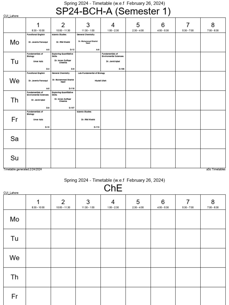CUI Lahore Spring 2024 Timetable | PDF | Physical Quantities | Mechanical Engineering
