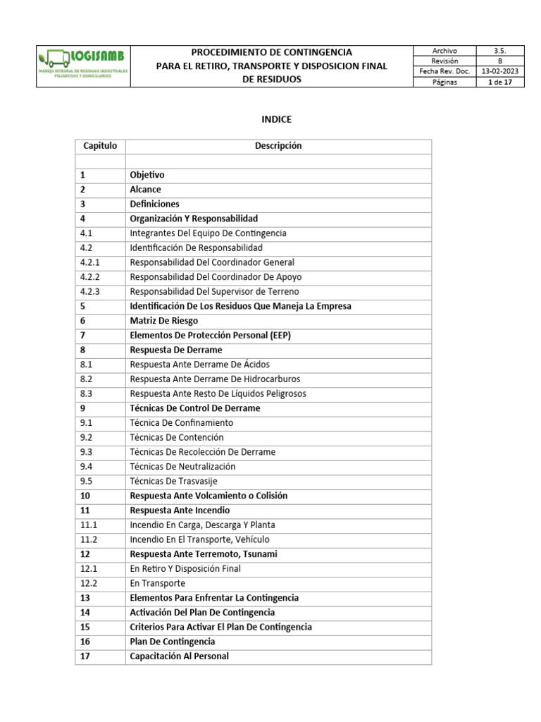 Procedimiento para Retiro, Transporte y Disposición de Residuos - Logisamb - Rev-B (13-02-2023 ...