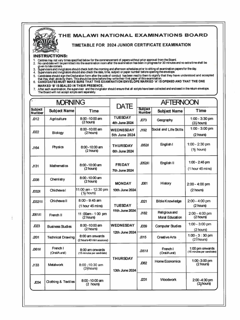 2024 JCE Timetable | PDF