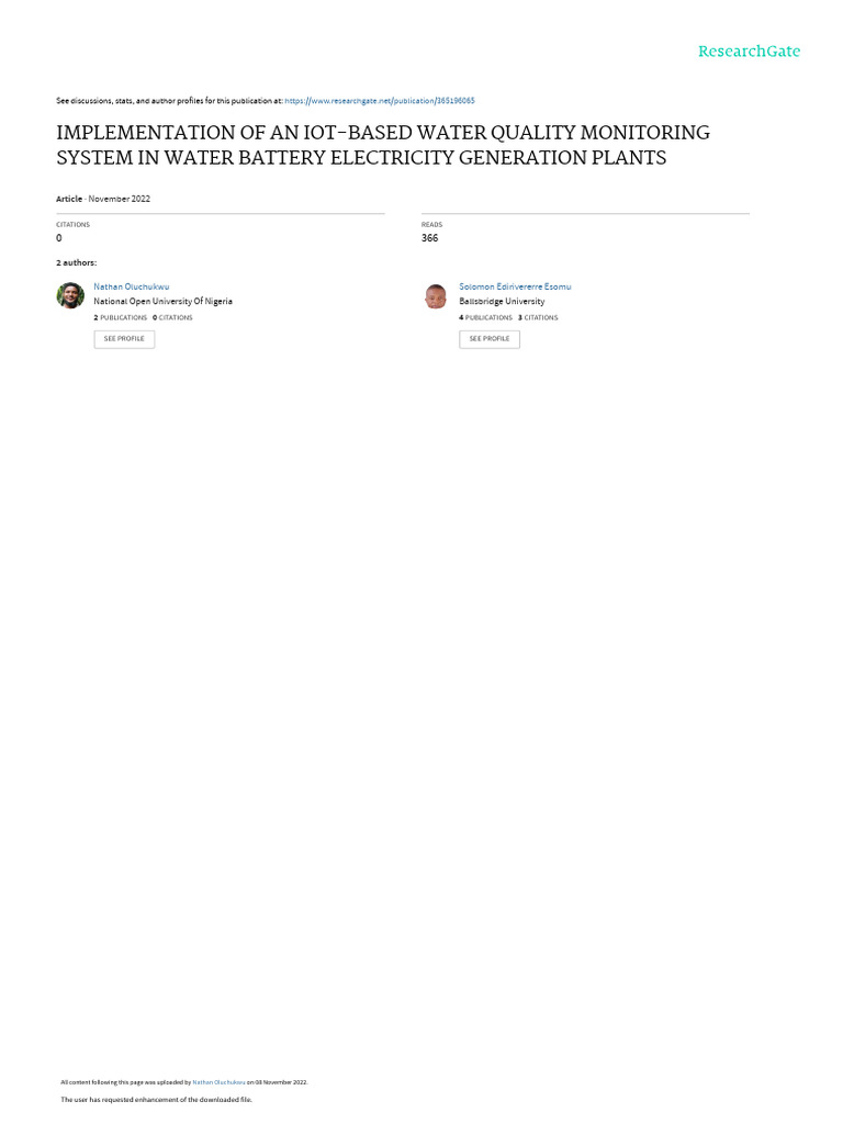 Implementation Of An Iot Based Water Quality Monitoring System In Water Battery Electricity