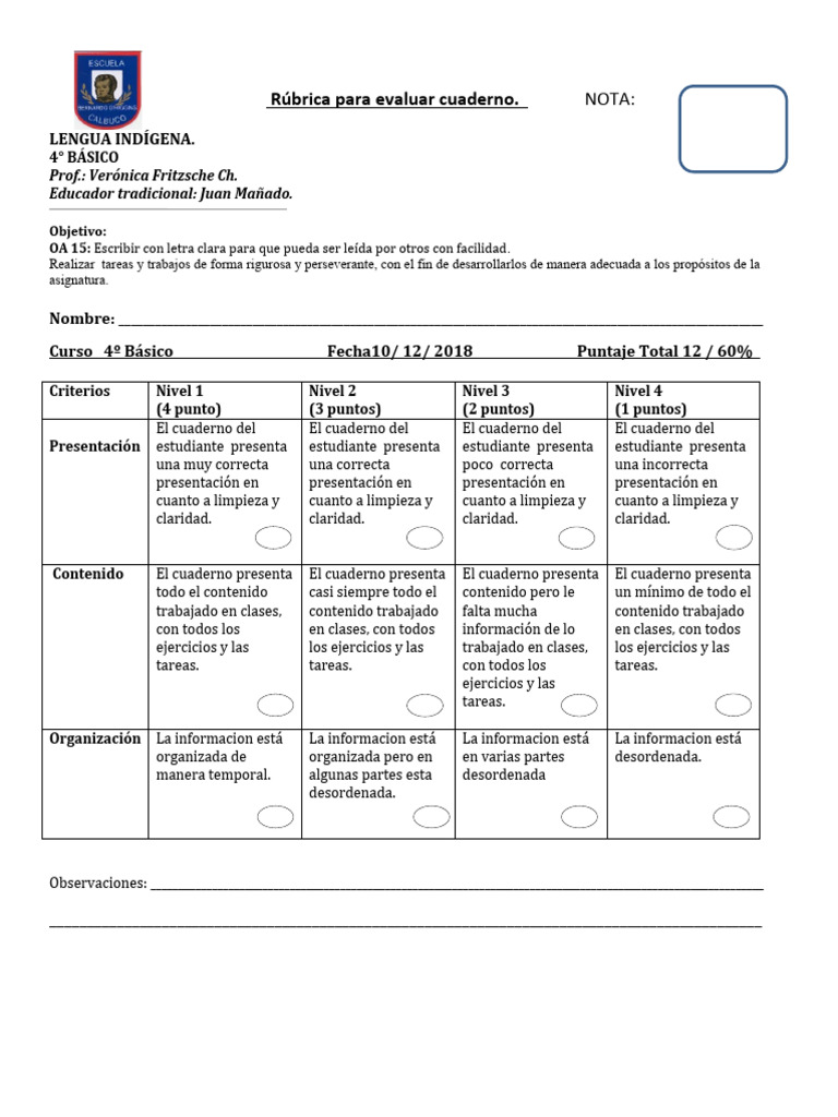 Rúbrica para Evaluar Cuaderno | PDF