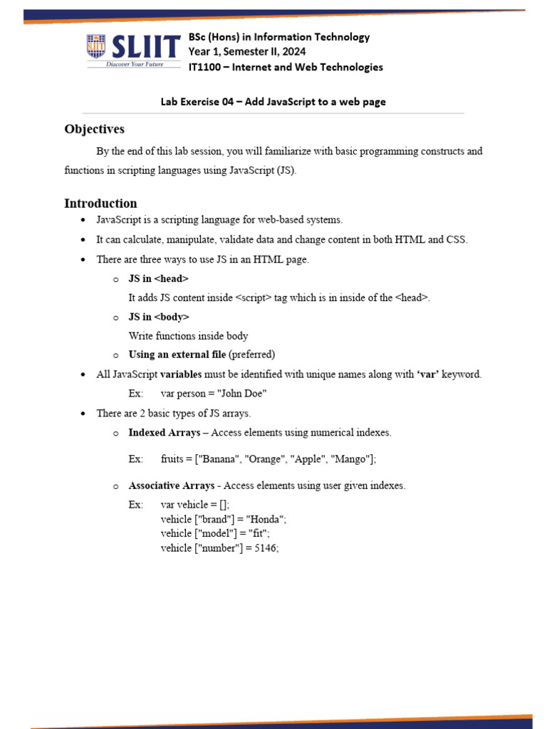 IT1100 IWT - Labsheet 04 | PDF | Java Script | World Wide Web IT1100 IWT - Labsheet 04 | PDF | Java Script | World Wide Web