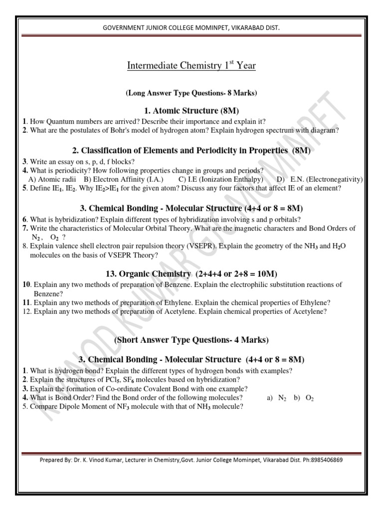 I Year EM CHEMISTRY IMP QUESTIONS | PDF | Molecules | Chemical Bond