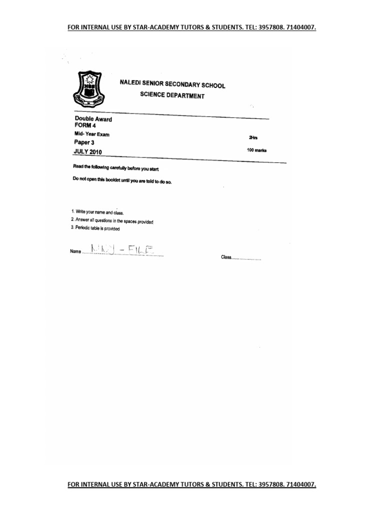 Bgcse Science Double Award Form 4 Mid Year Exam - PP3 2010 | PDF
