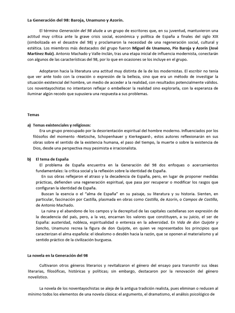 Generación del 98: Baroja, Unamuno, Azorín | PDF | Novelas