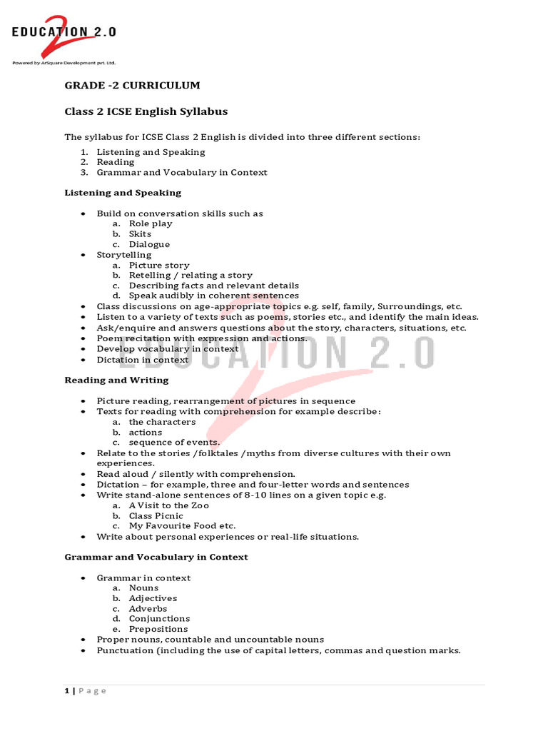ICSE Class 2 English Syllabus Overview | PDF | English Language | Noun