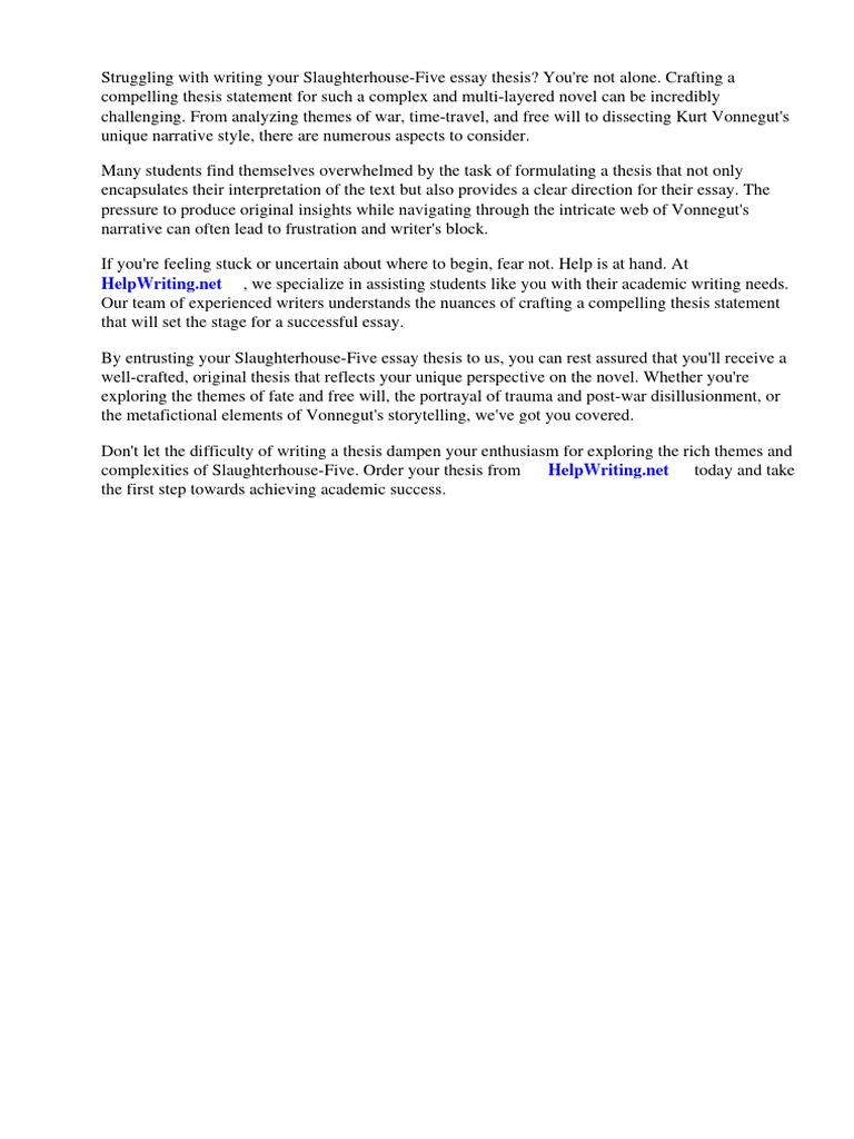 Slaughterhouse Five Essay Thesis | PDF | Kurt Vonnegut