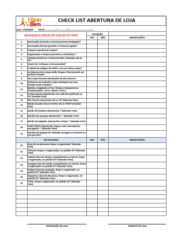 Check List Abertura Loja | PDF