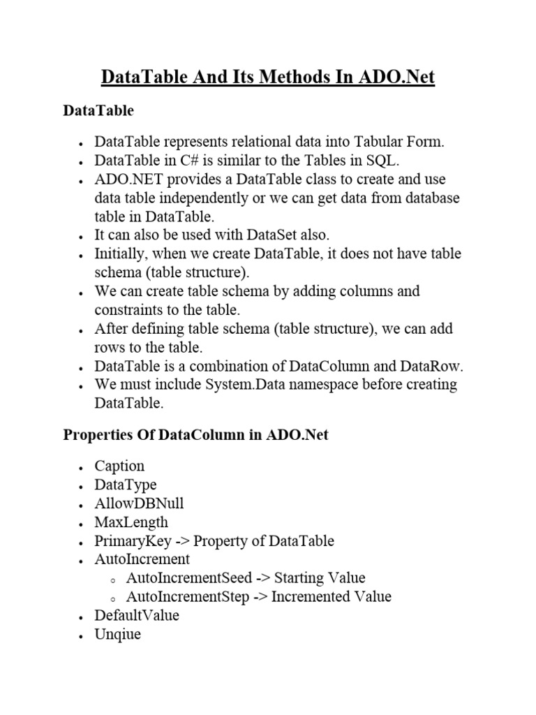 DataTable and Its Methods in | PDF | Table (Database) | Language ... DataTable and Its Methods in | PDF | Table (Database) | Language ...