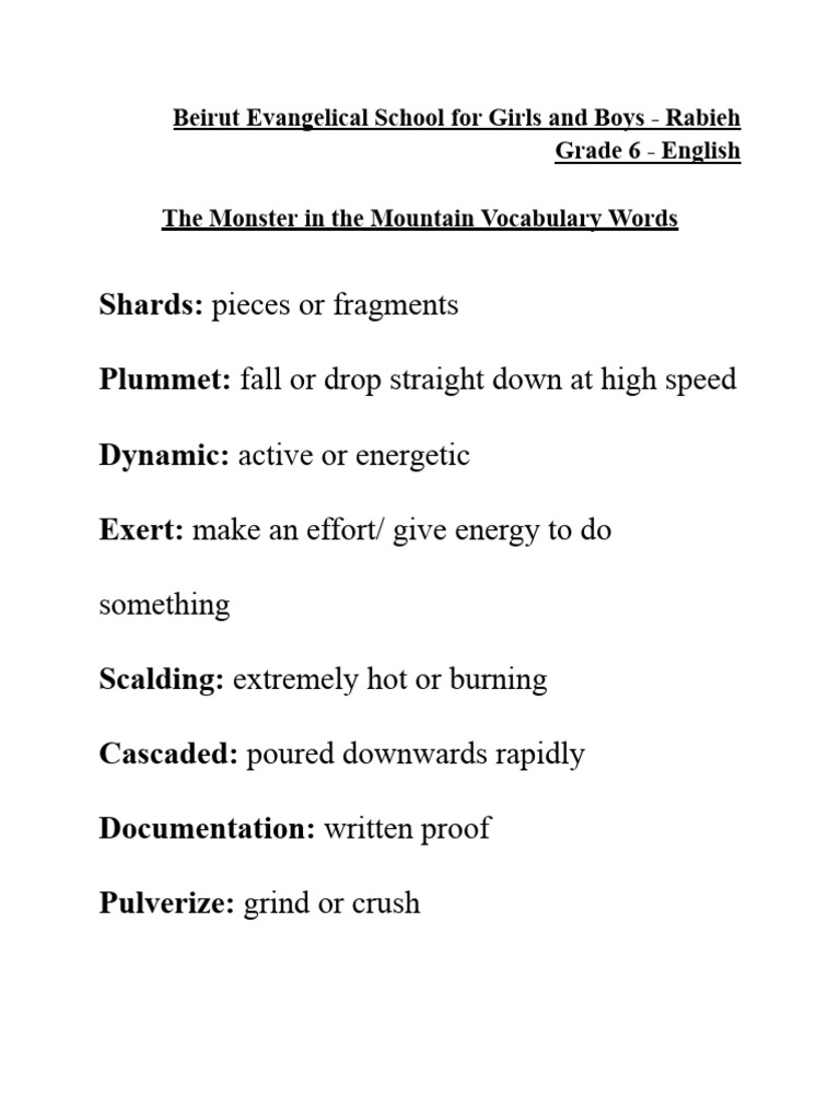 The Monster in The Mountain Vocabulary Words | PDF