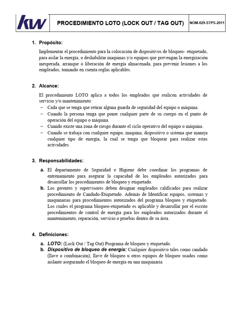 Procedimiento LOTO (Lock Out, Tag Out) - KW | Descargar gratis PDF | Ingenieria Eléctrica