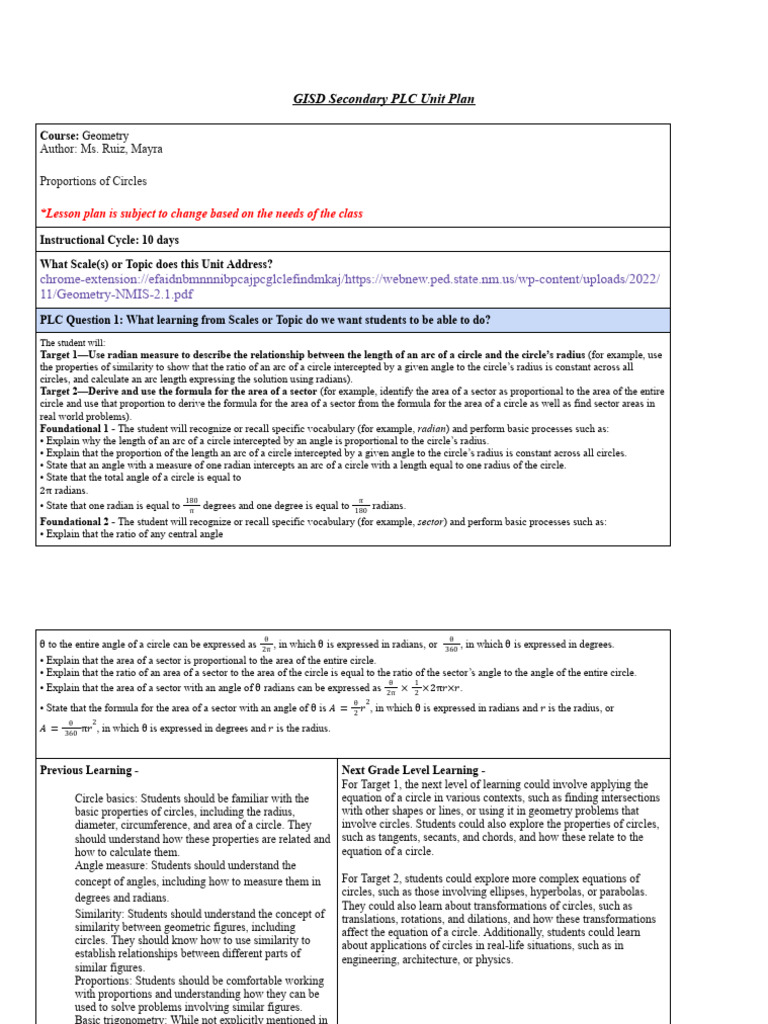 Proportions of Circles Lesson Plan | PDF | Trigonometric Functions | Circle
