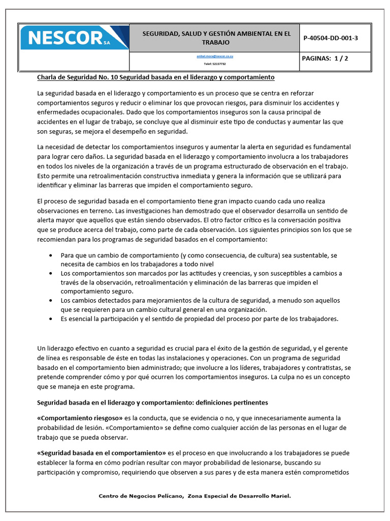 Charla de SST No. 10 Seguridad Basada en El Comportamiento y Liderazgo. | PDF | Comportamiento