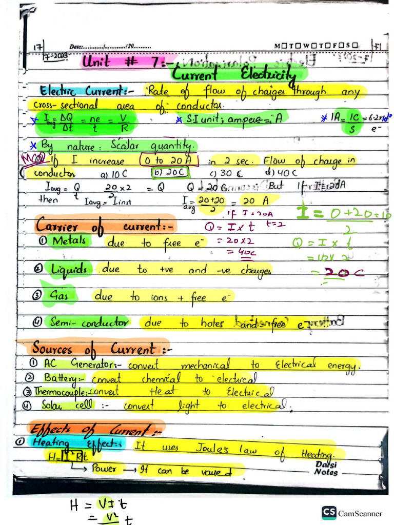 Physics Unit 7 Current Electricity Notes | PDF