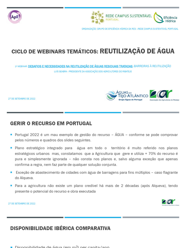 Apresentacao Webinar Isel Reutilizacao Aguas Residuais Final | PDF | Agricultura | Portugal