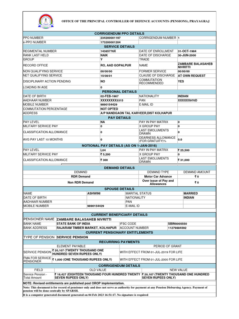 Corrigendum Ppo Details: Pensioner Name Zambare Balasaheb Nivritti ...