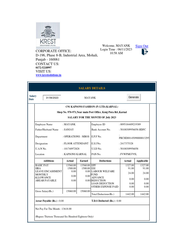 Salary Details Sanjay | PDF