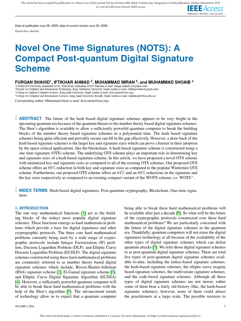 Novel One Time Signatures (NOTS) : A Compact Post-Quantum Digital Signature Scheme | Download ...