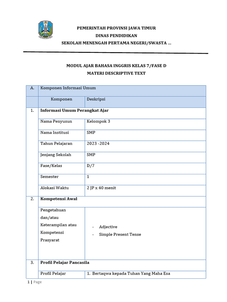 Modul Descriptive Text SMP Kelas 7 | PDF