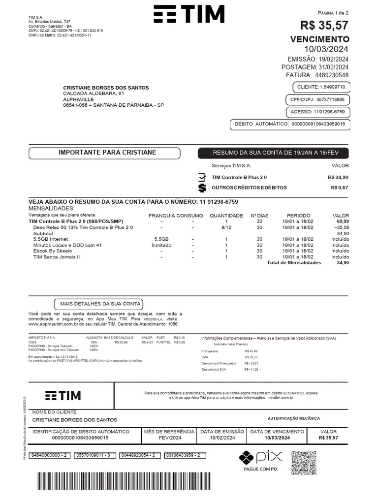 Fatura Tim | Download grátis PDF | Pagamentos | Economias
