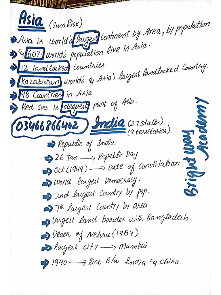 Asia Continent Important Notes For Upcoming Exams (GK by Bright Way ...