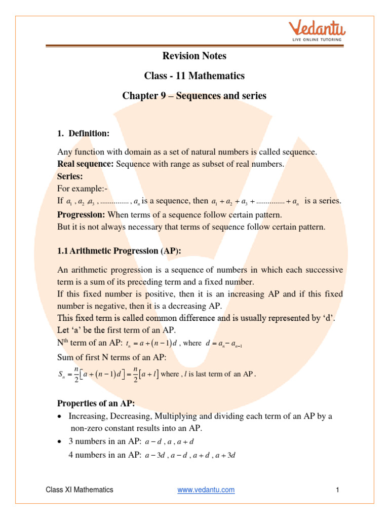 Sequences and Series Class 11 Notes CBSE Maths Chapter 9 (PDF) | PDF Sequences and Series Class 11 Notes CBSE Maths Chapter 9 (PDF) | PDF