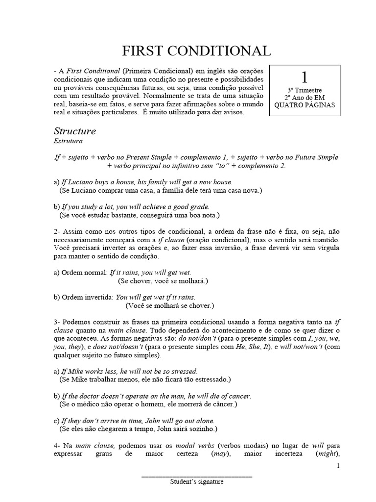 1 - First Conditional (2º Ano Do Ensino Médio - 3º Trimestre) | PDF | Assunto (gramática ...