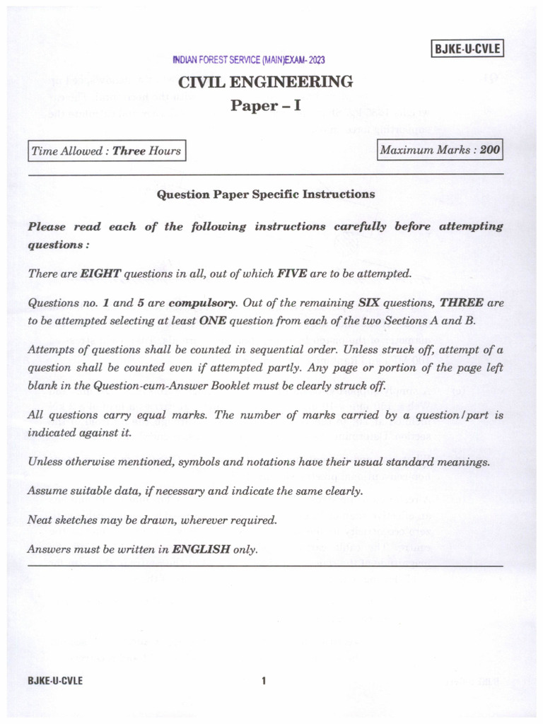 QP Ifsm 23 Civil Engineering Paper I 051223 | PDF