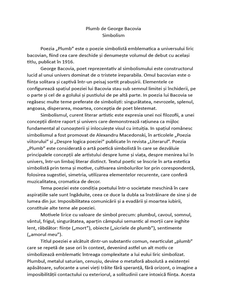Plumb de George Bacovia - Eseu | PDF