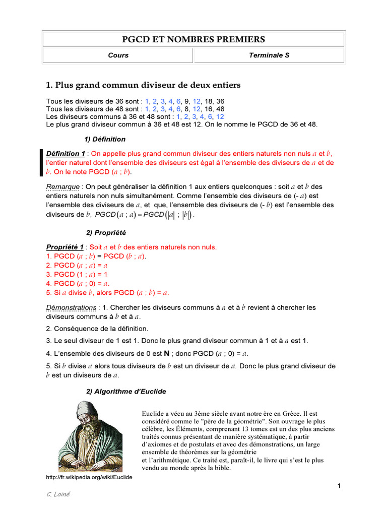 PGCD : Définitions et Propriétés | PDF | Mathématiques élémentaires ...