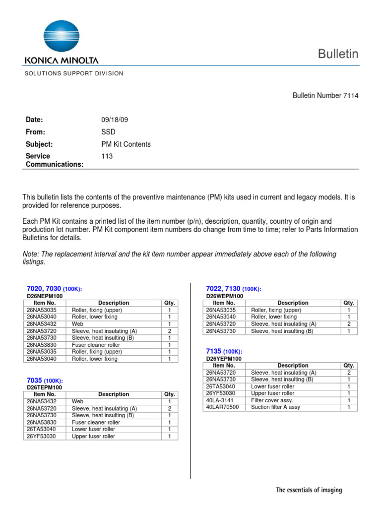 PM Kit Contents for Legacy Models | PDF | Equipment | Mechanical ...