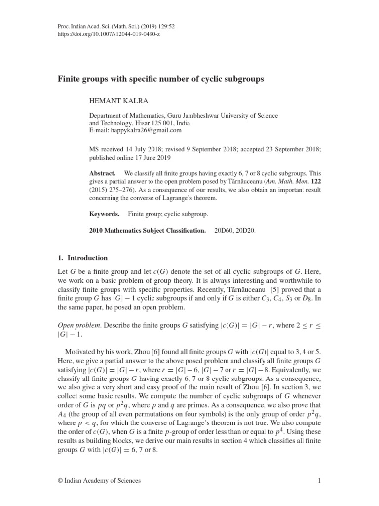 Finite Groups With Specific Number of Cyclic Subgroups: Abstract | PDF | Group (Mathematics ...