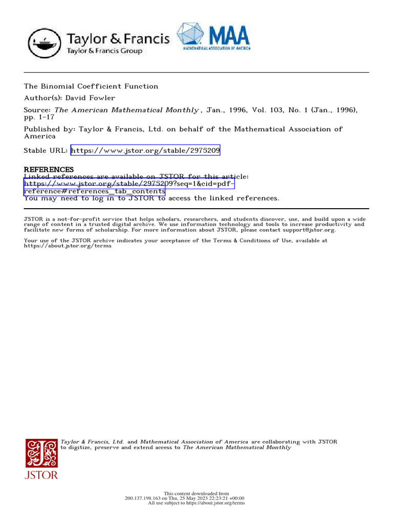 Story The Binomial Coefficient Function | PDF | Function (Mathematics) | Algebra