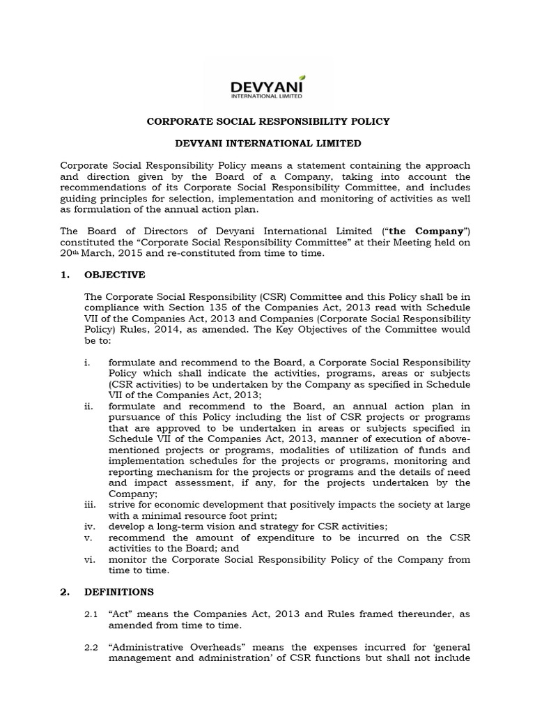 Corporate Social Responsibility Policy | Download Free PDF | Corporate ...