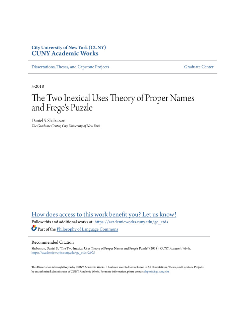 The Two Inexical Uses Theory of Proper Names and Frege's Puzzle ...