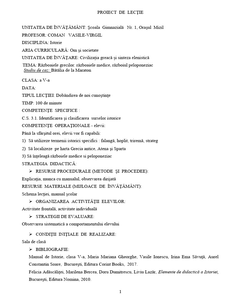 PROIECT DE LECŢIE V Istorie S14 | PDF