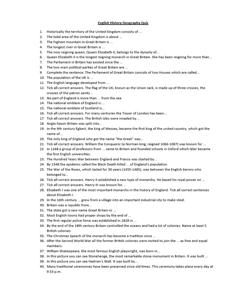 English History-Geography Quiz | PDF | Kingdom Of England | United Kingdom