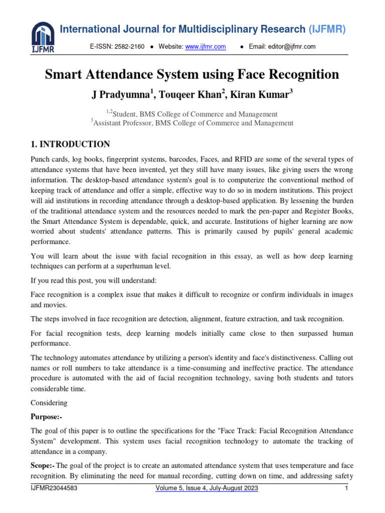 Smart Attendance System Using Face Recognition: J Pradyumna, Touqeer Khan, Kiran Kumar ...