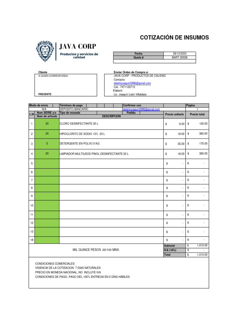 COTIZACION JONATHAN | PDF | Cloro | Sustancias químicas