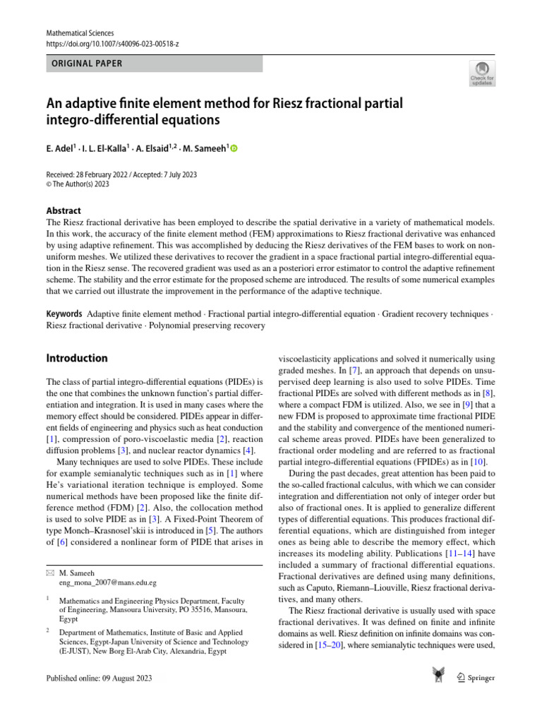 An Adaptive Finite Element Method For Riesz Fractional Partial Integro Differential Equations ...