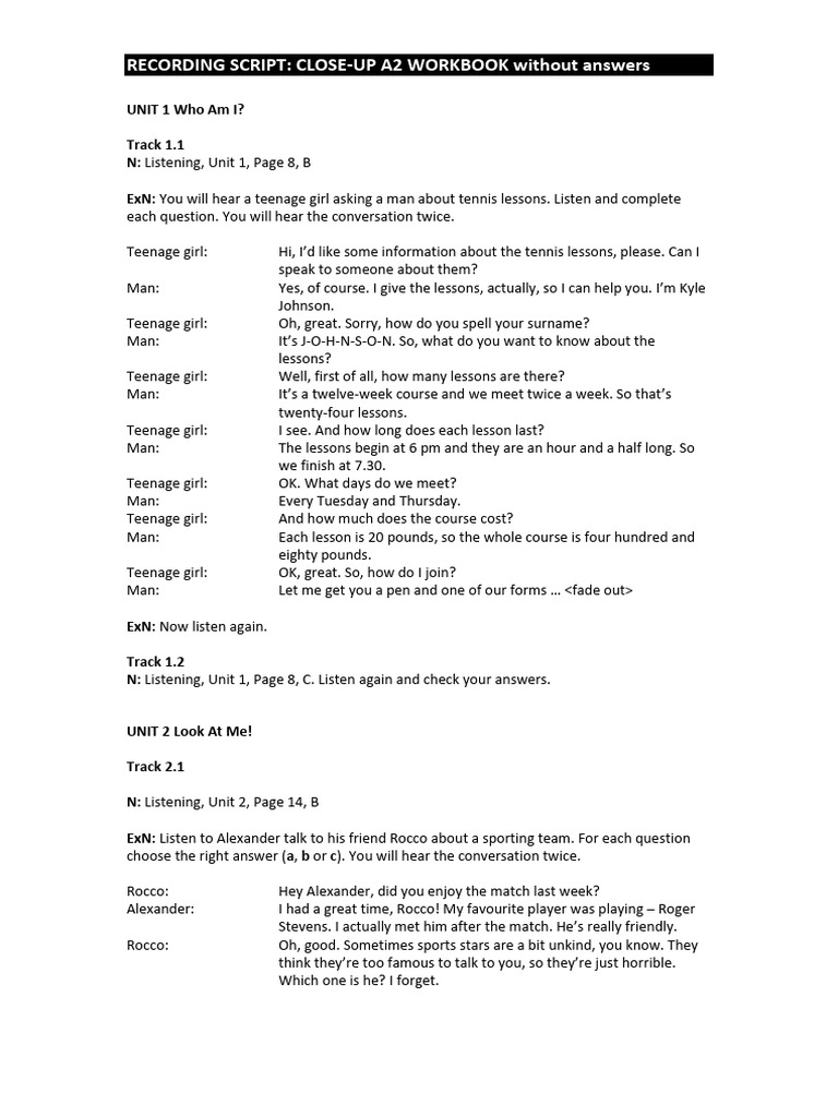 Close-Up A2 Workbook Listening Guide | PDF