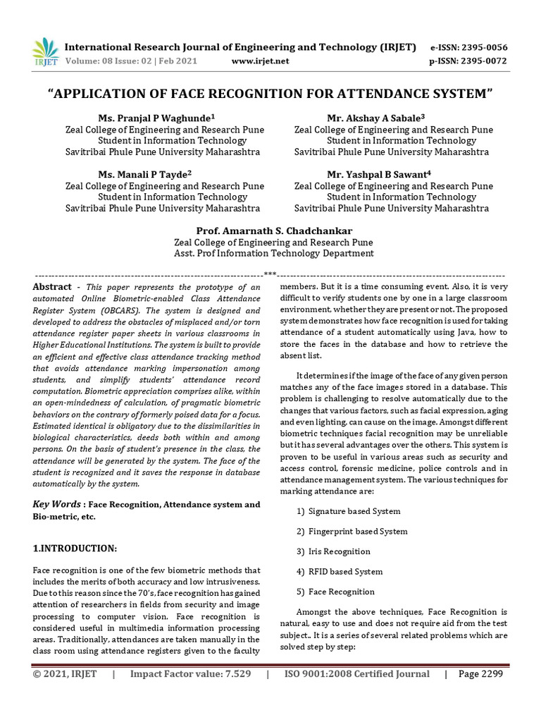 Irjet Application of Face Recognition Fo | PDF | Principal Component Analysis | Biometrics